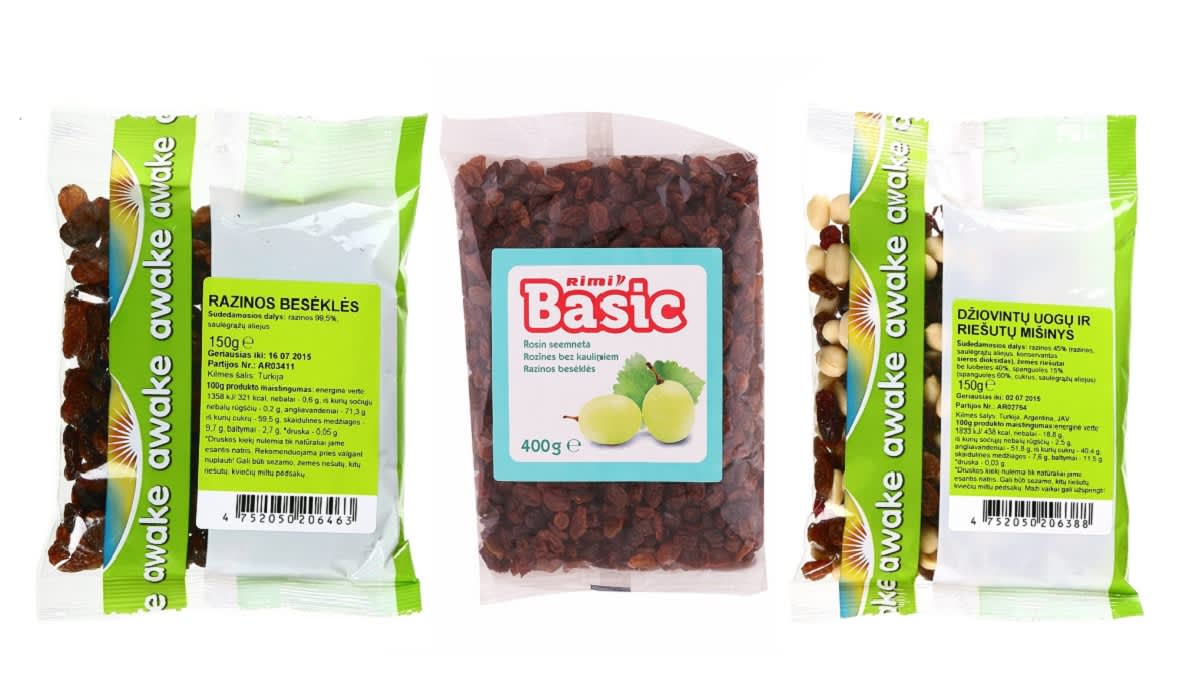 „Rimi“ - Atšaukiamos prekės: besėklės razinos „Awake“, 150 g, ir „Rimi ...